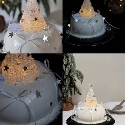 2026圣诞节发光灯圣诞树蛋糕装饰摆件唯美丝带蝴蝶结闪片星星插件