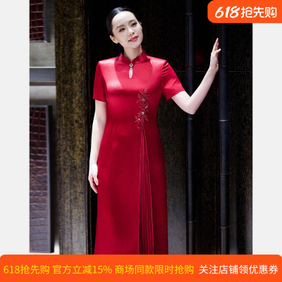 皮尔卡丹女醋纤立领旗袍连衣裙