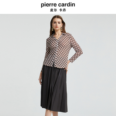 皮尔卡丹女装秋季新款咖白撞色雪纺翻领时尚印花衬衫P4337B4995K3