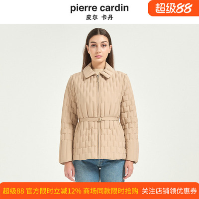 皮尔卡丹女冬新款卡其色翻领格状收腰显瘦保暖羽绒服CD54YS013K0