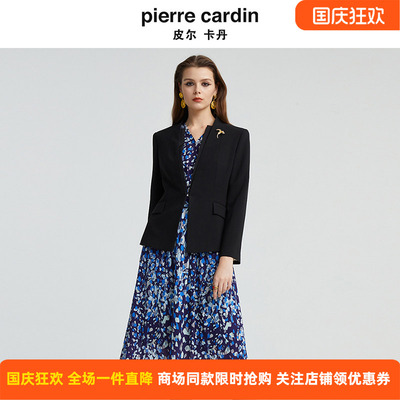 皮尔卡丹女装秋季新款纯黑色无领醋纤行政商务女西服P4332U4970B0