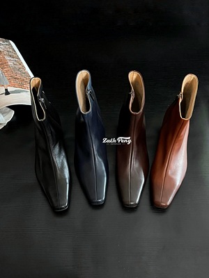 zachpeng真皮法式气质韩系小踝靴百搭咖色瘦瘦靴平底切尔西小短靴