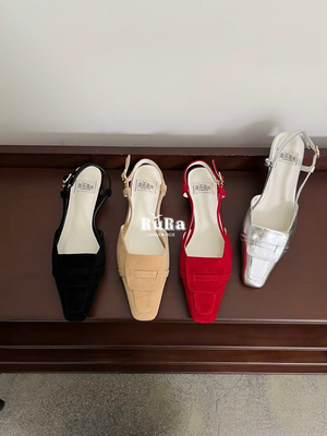 rura法式复古方头粗跟单鞋女2025年新款百搭一字扣带后空包头凉鞋