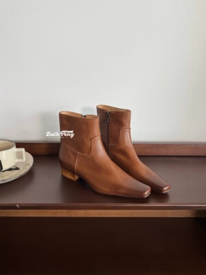 ZACHPENG真皮法式气质方头韩系小踝靴2025年百搭瘦瘦靴平底切尔西