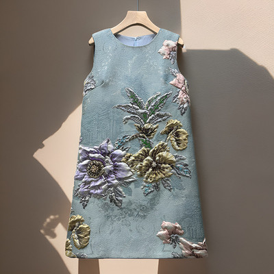 春秋新款女装打底裙提花手工钉珠立体浮雕富贵花优雅a字裙背心裙