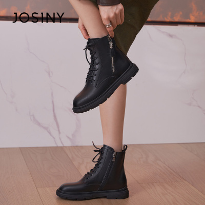 卓诗尼女鞋短筒马丁靴英伦风舒适低跟后侧双拉链女圆头短筒机车靴
