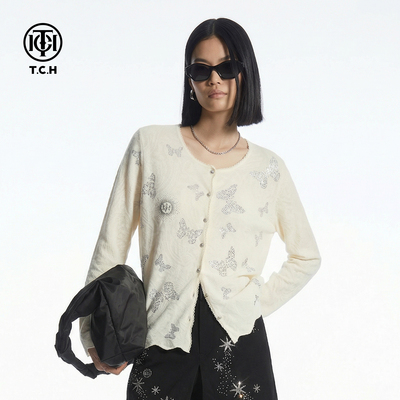 TCH【含绵羊毛】26春款温柔风烫钻米色休闲针织开衫女T78A43E1071