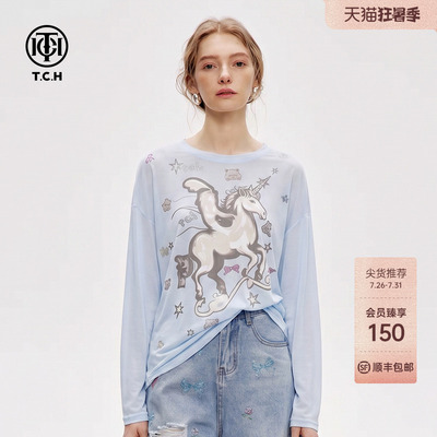 TCH烫钻宽松休闲轻薄长袖T恤女