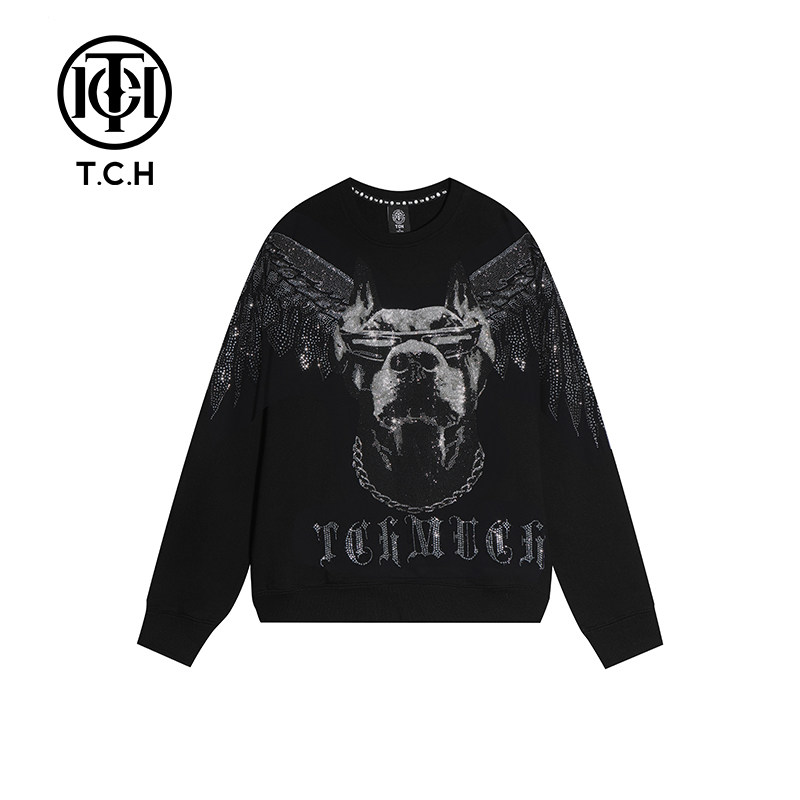 【直播】TCH潮牌翅膀狗狗烫钻黑色圆领卫衣T21111C6051_虎窝淘