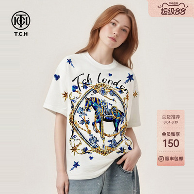 TCH重工骏马烫钻2026春夏款潮流百搭卡通宽松短袖T恤女T78B106017