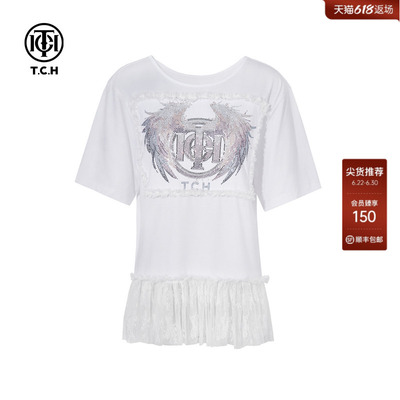TCH烫钻春夏蕾丝拼接洋气百搭气质短袖T恤女T75C10B1019