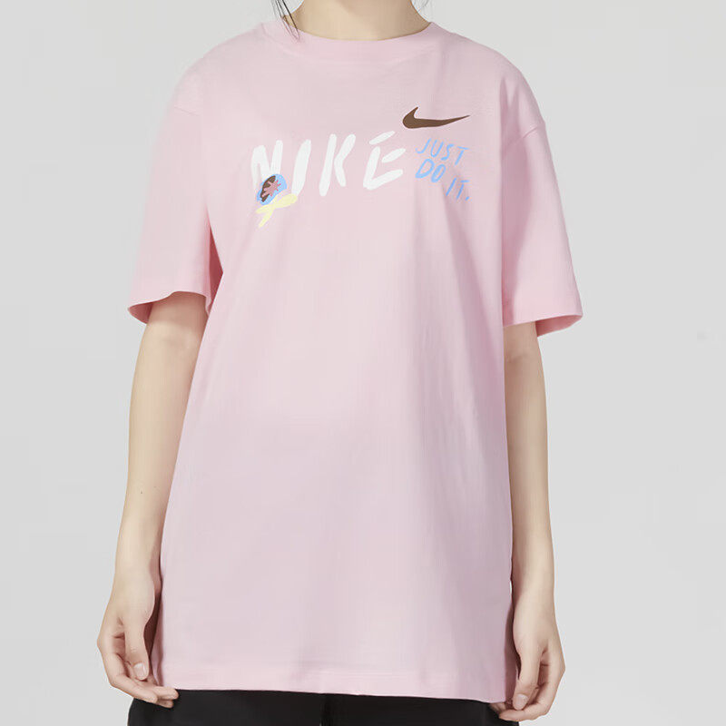 耐克粉色短袖女针织纯棉T恤印花休闲半袖柔软宽松运动上衣FJ7714_虎窝淘