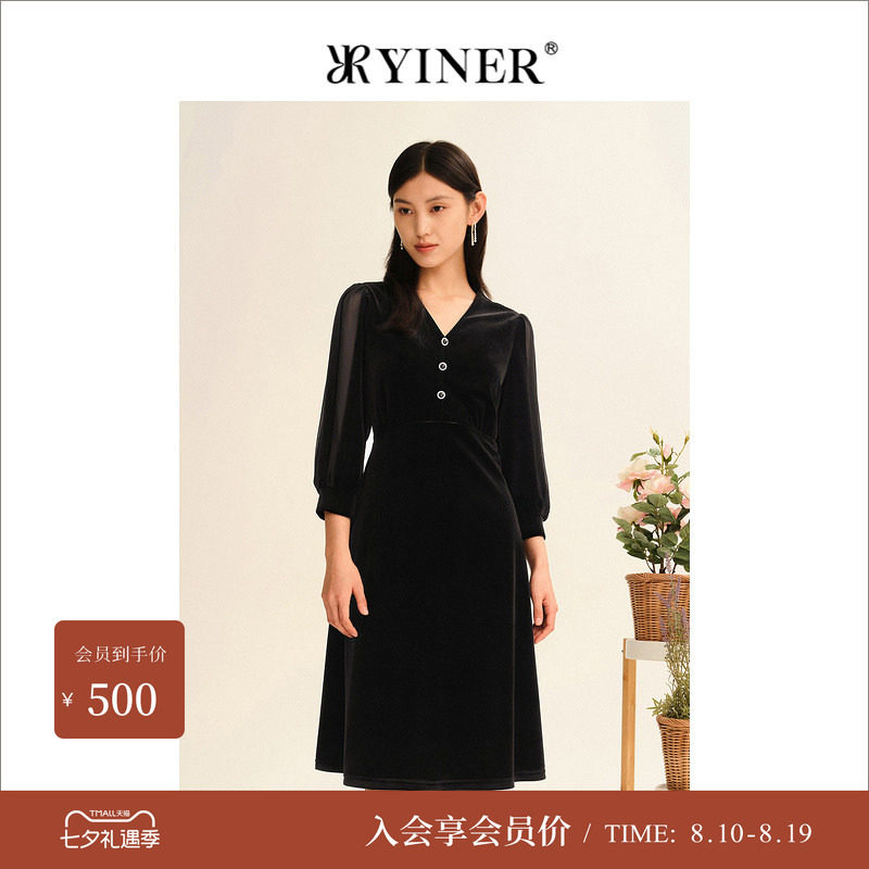 【小黑裙】YINER音儿专选女装秋季赫本风v领丝绒气质连衣裙长袖