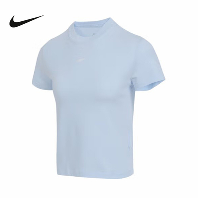 Nike耐克女短袖夏季刺绣LOGO圆领透气高腰蓝色运动T恤FV5509-423