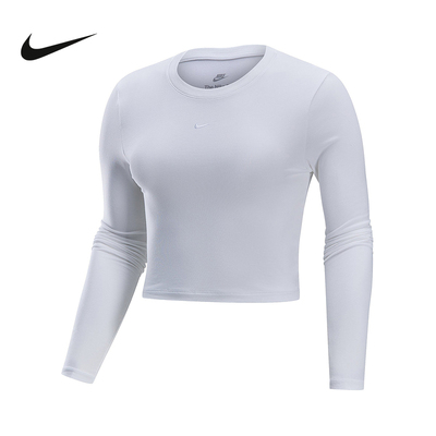 Nike耐克女子短款修身长袖上衣秋季新款刺绣针织打底衫HF5323-100