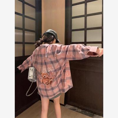 庄大泥粉灰色小熊格子衬