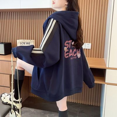 字母减龄连帽开衫卫衣女秋冬2025新款韩版宽松大码慵懒风加绒外套