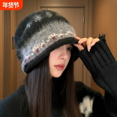2025新款费尔岛帽子女秋冬季复古冷帽大头围慵懒风防寒保暖堆堆帽