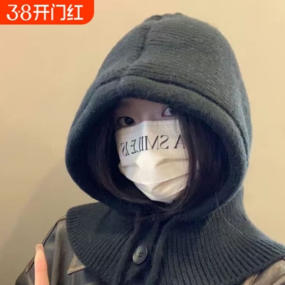 2025年新款纯色毛线帽子围脖一体女秋冬加厚针织连帽围巾带扣防寒