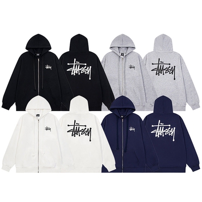 开春斯图西STU连帽卫衣开衫高版本拉链外套亲子加绒黑色白色春秋