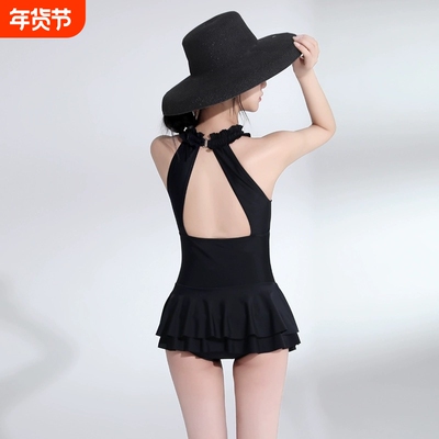 泳衣女新款连体泳衣纯欲ins风裙式遮肚显瘦露背纯黑色泡温泉泳装