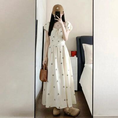 法式方领泡2367袖温蝴蝶结印花洋装女夏新显款泡柔风收腰瘦气质长