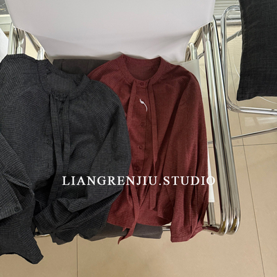 立领小格子百搭气质衬衫