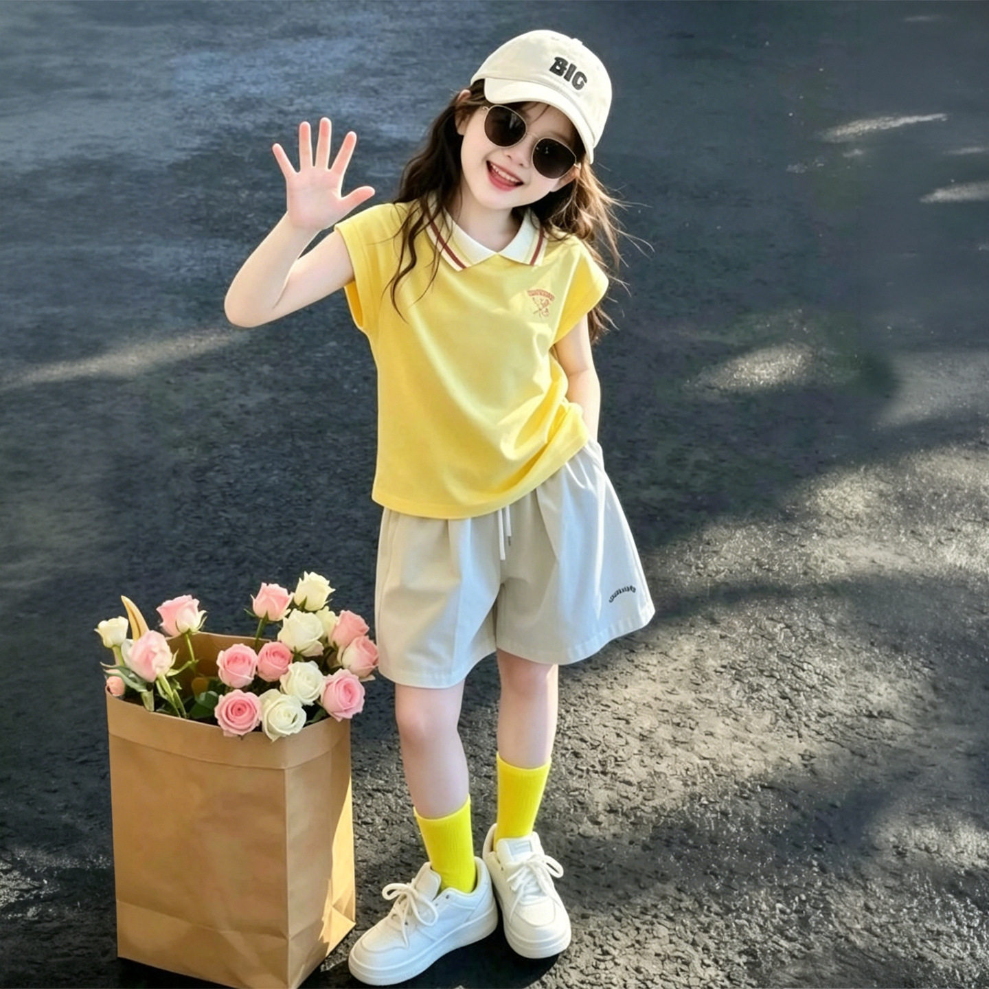 女童夏套装2026新款儿童洋气POLO衫女大童夏季休闲短袖短裤两件套