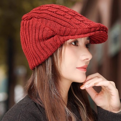 英伦复古红色高级感鸭舌帽子女冬