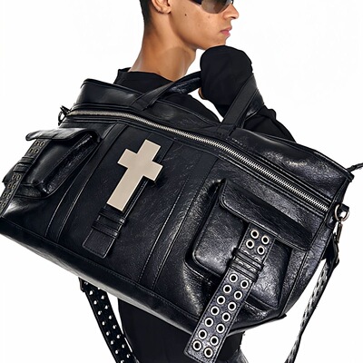 男士暗黑十字架爆裂皮托特包