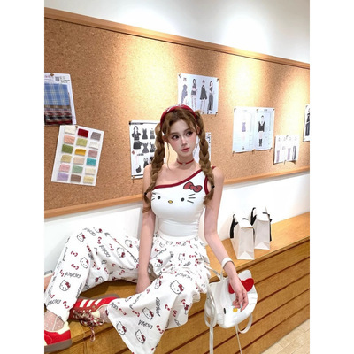 JOYKIKI鹅了么夏季纯欲拼接撞色设计感吊带上衣套装女