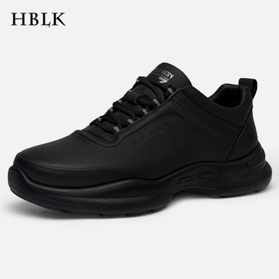 HBLK男鞋秋季新款真皮透气休闲运动鞋男士软厚底轻便黑色跑步鞋子