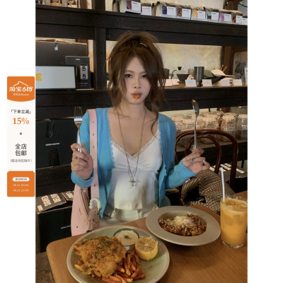 宅宅athome//贝加尔湖 蓝色V领花边针织开衫女春季收腰气质上衣