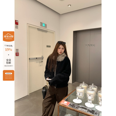 宅宅athome//中古奈奈 加厚毛领仿羊羔毛外套麂皮内里毛毛上衣