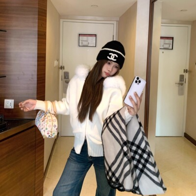 宅宅athome//日暮初雪 连帽针织开衫毛衣大毛领宽松慵懒外套上衣