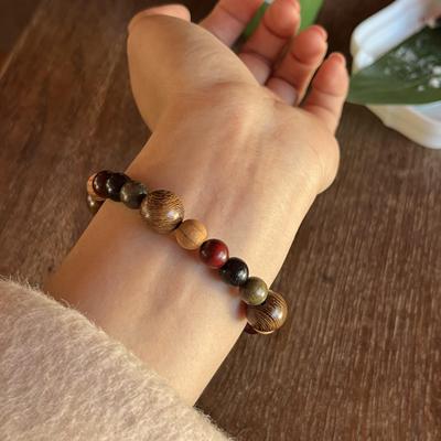 2026安气定神 吉祥平安禅意天然红玛瑙鸡翅木檀木叠戴手串弹力手