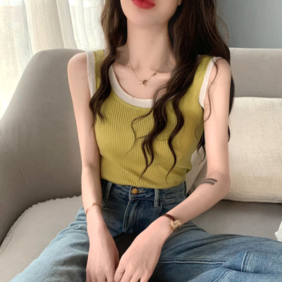 速发假感件针织背心外穿宽吊ch港味无袖上衣设计两拼色松带打底衫