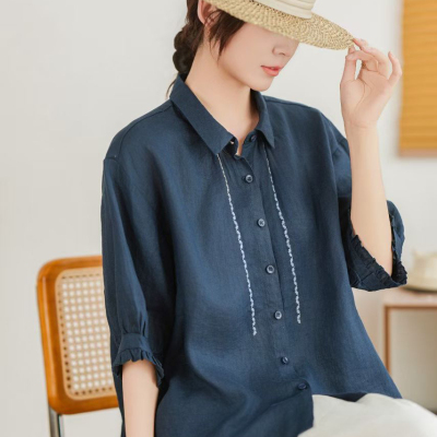 多多小众新款女装重工刺绣亚麻衬衫女士短袖上衣短袖T恤HSX97