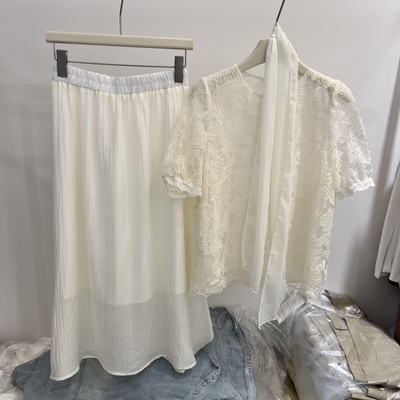 多多店小衫+夏季气质显瘦仙气风半身裙两件套套装(配飘带)F2656