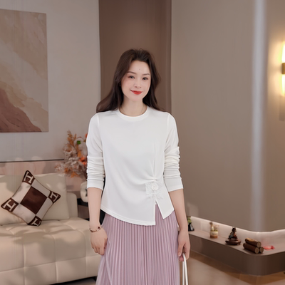 豆豆DE【腰花】2026小众立体花朵长袖T恤显瘦打底上衣-26CT2620