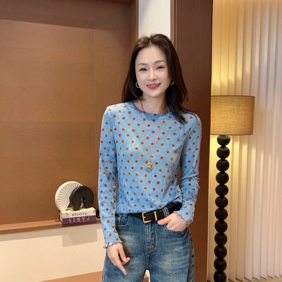 豆豆DH【波兰】秋季新款波点显瘦T恤百搭圆领长袖打底衫-26QT1227