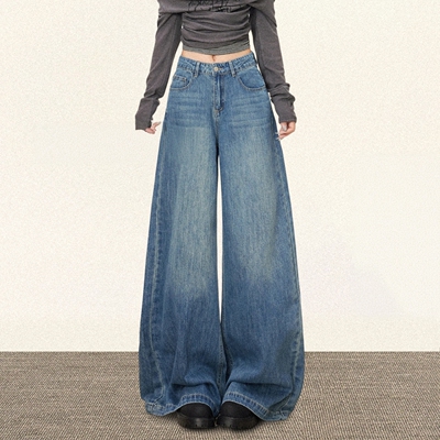 TRYOLO【假日报刊】美式复古牛仔裤女百搭宽松垂感显瘦直筒拖地裤