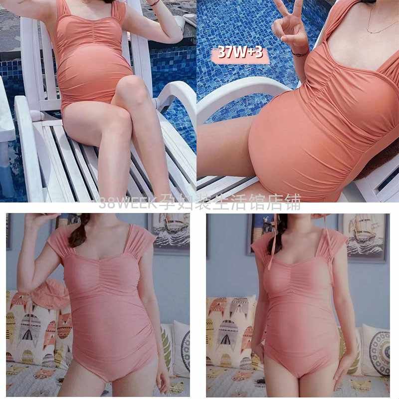 孕妇泳衣时尚性感三角连体泳装胸垫条纹拼接褶皱胖m大码遮肚显瘦