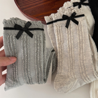 IOULOR甜美少女蝴蝶结无骨袜子秋冬温柔芭蕾风中筒袜泡泡口堆堆袜