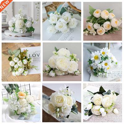 1 Bouquet white Artificial Flowers Peony Tea Rose Autumn Sil