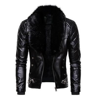 2021 New Punk wind Men PU Leather Jacket Solid Color fur co