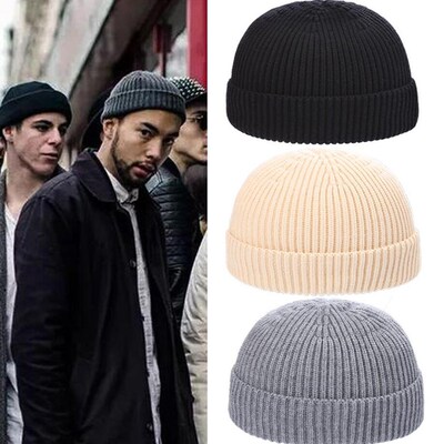 Solid Color Warm Knitted Brimless Hat Men Beanies Winter Aut