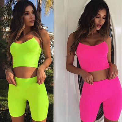 2021 Summer Women Neon Color Two Pieces Set Off Shoulder Hol