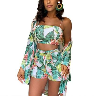 Summer New Women Boho 3Pcs Floral Print Cardigan Blouse+Crop