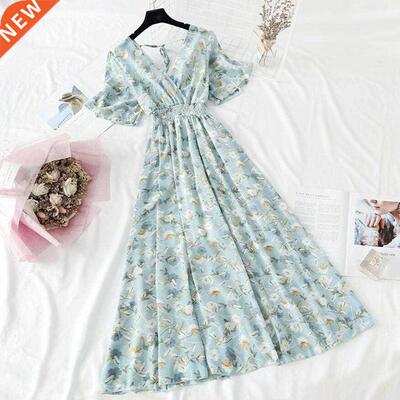 2022 Summer Women Ruffled Short-sleeved Chiffon Dress V-neck